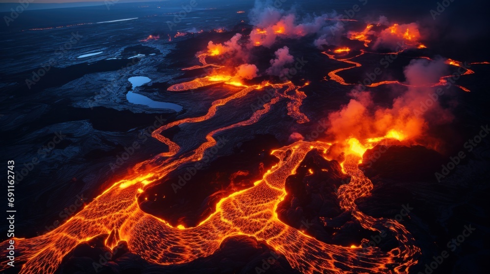 Captivating aerial perspective capturing the molten lava streaming from ...