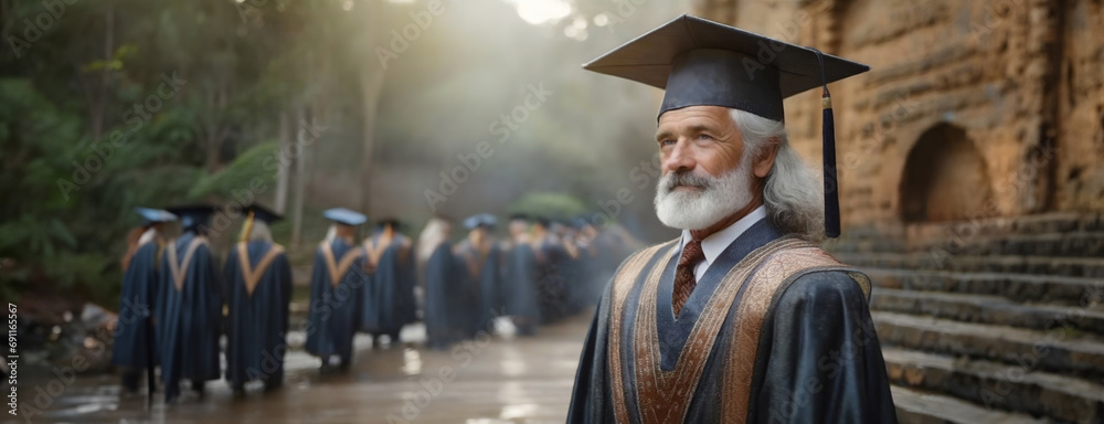 A distinguished professor in graduation regalia stands proudly at the ...