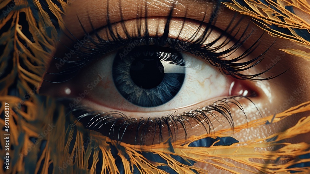 a close up of a person's eye with long lashes and a feathery pattern on ...