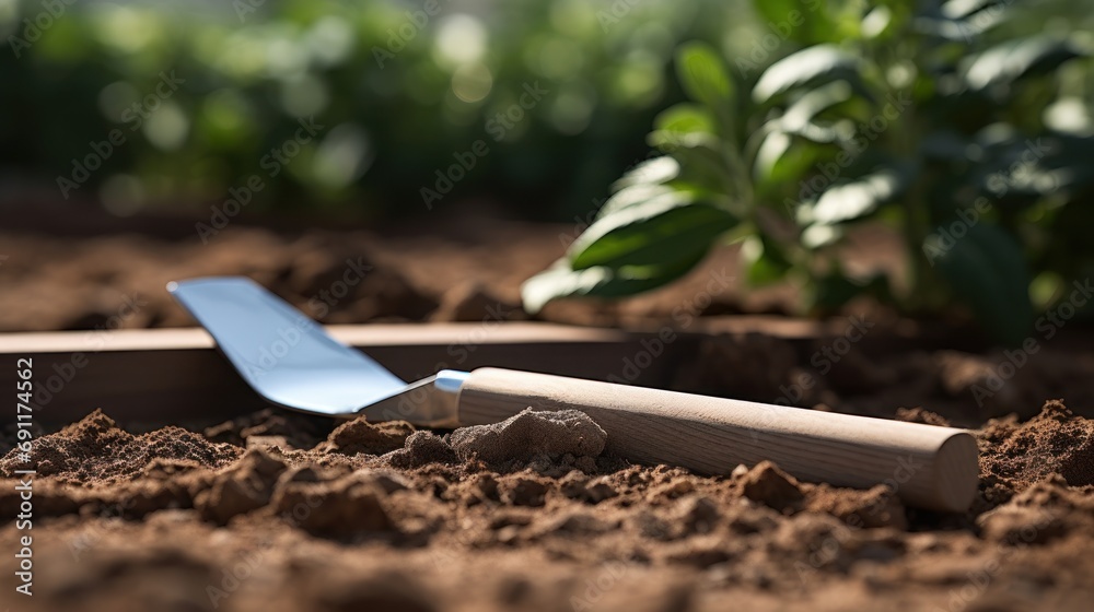a garden tool laying on the ground next to a garden bed of dirt and ...