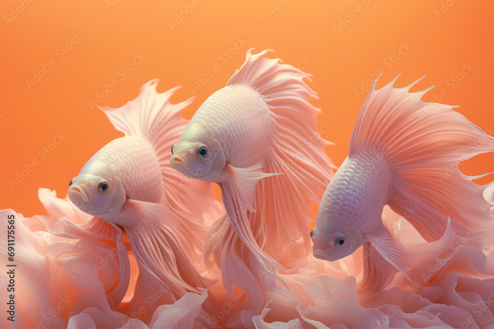 three pastel peachy betta fishes , vibrant aquatic beauty, peach fuzz ...