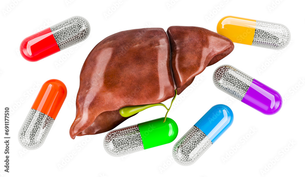 Human liver with medicine capsules. Drugs for liver diseases, concept ...
