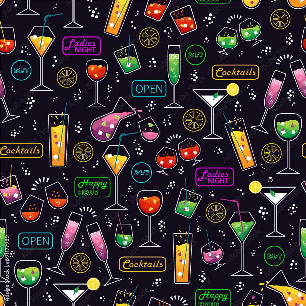 Vibrant cocktail party themed pattern with neon bar signs and colorful ...