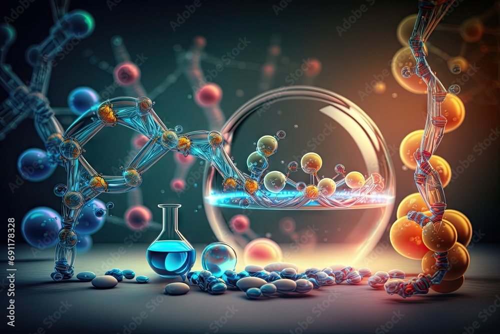 Laboratory scene with DNA molecules, test tubes, and laboratory ...