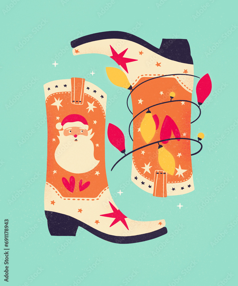 Christmas cowboy boots with Santa Claus and Christmas lights on mint ...