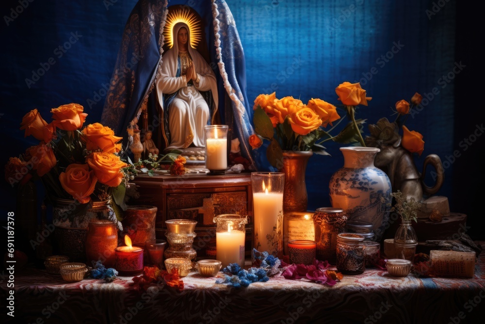 Christian altar with Virgin Mary statue decorated with flowers and ...