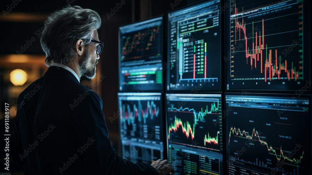 Dynamic and detailed photo of financial expert examining stock market ...