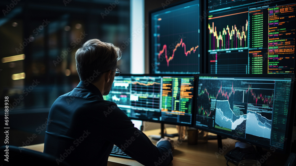 Dynamic and detailed photo of financial expert examining stock market ...