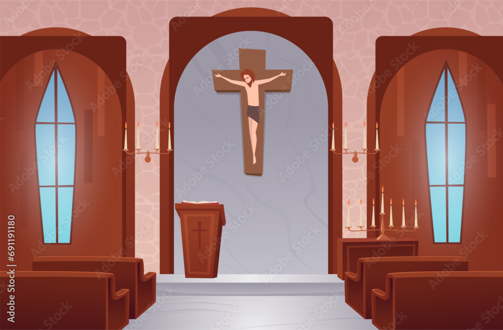 Church background. Religion concept church interior Vector cartoon ...