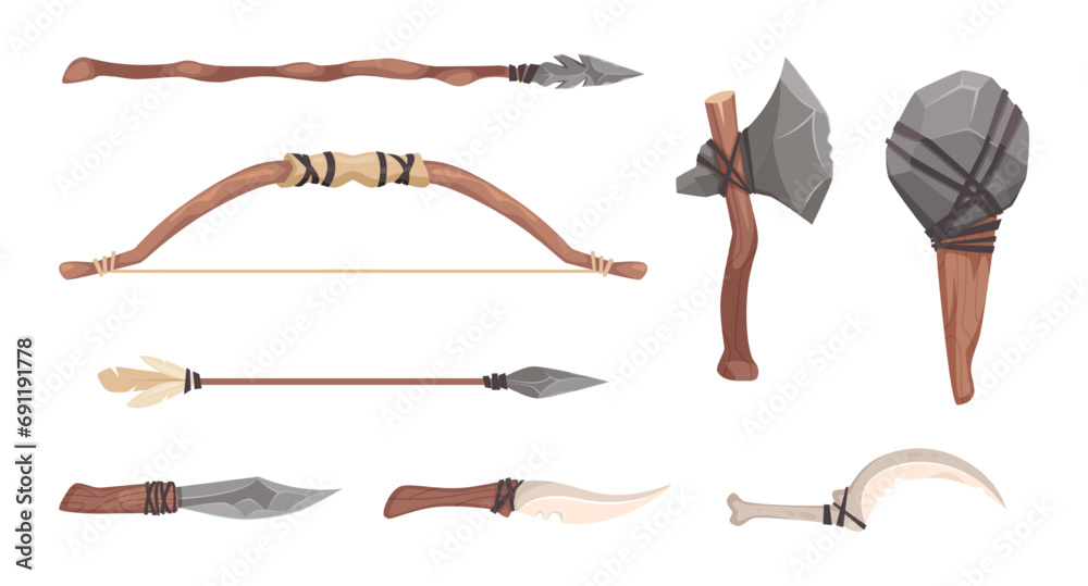 Prehistoric weapon. Wooden and stone tools for primitive cave people ...