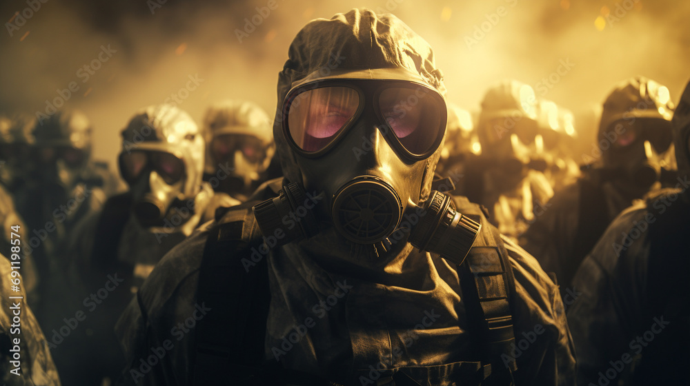 an army of soldiers in hazmat gear, with red eyes, and gas masks on, on ...