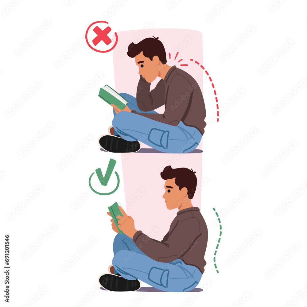 Man Engrossed In A Book Sits On Floor With Proper And Improper Body ...