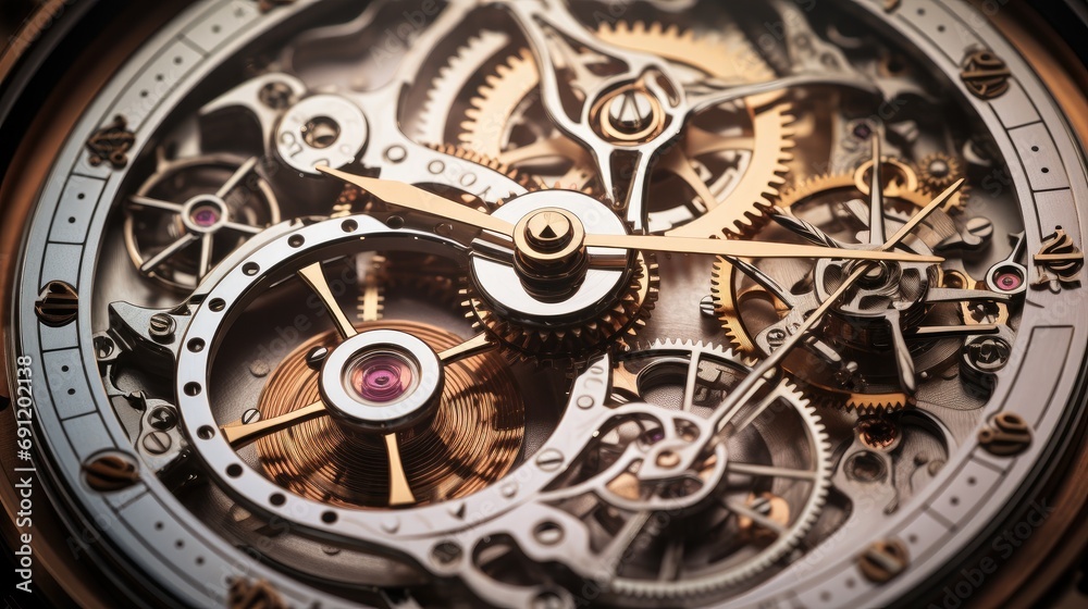 the interior of a watch, the movement, or an intricate timepiece in a ...