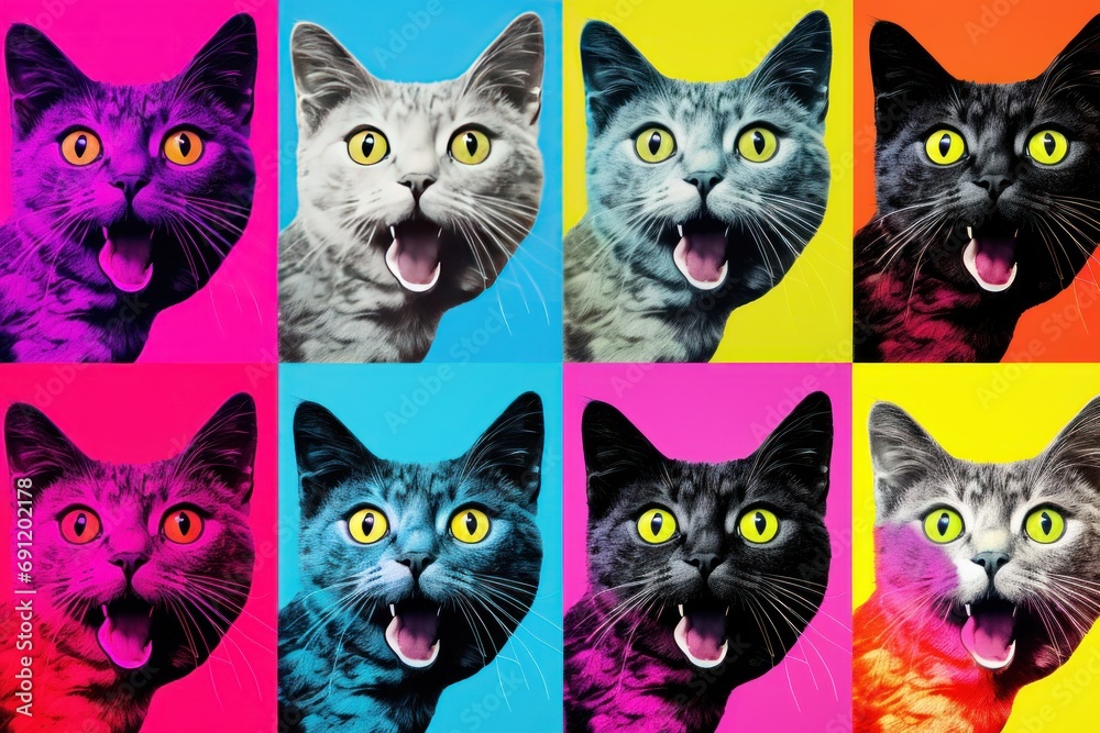 A pop art wallpaper with a series of cat faces in different pop art ...