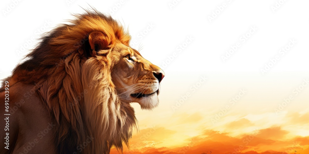 a male Lion, side profile at sunrise, in a horizontal format with room ...