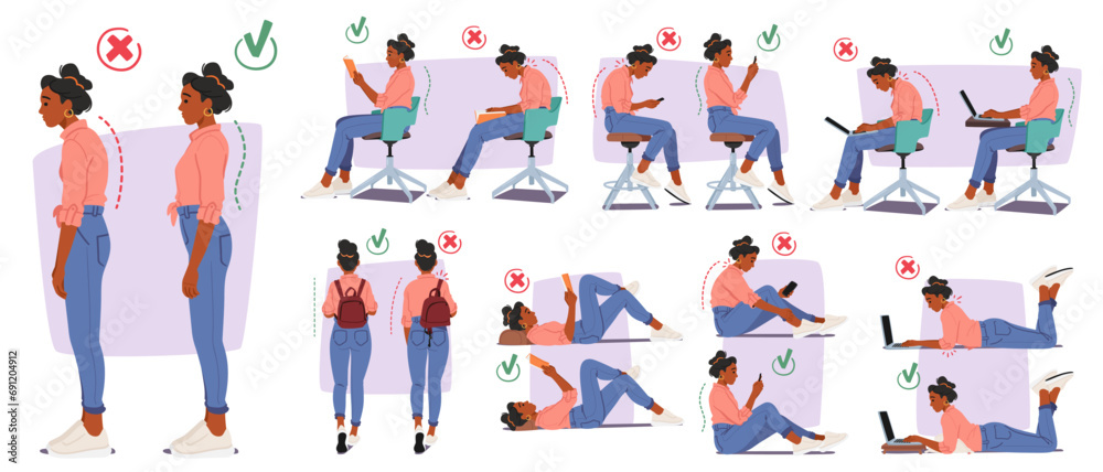 Woman with Wrong Body Postures Include Slouching And Hunching Leading ...