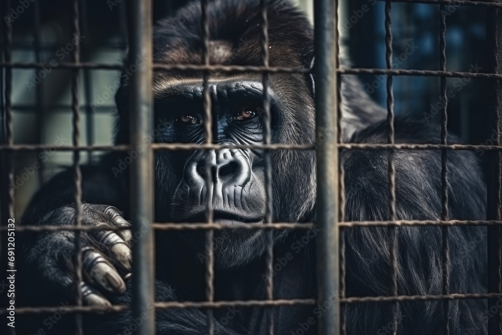 Gorilla locked in cage. Skinny lonely monkey in cramped cage behind ...