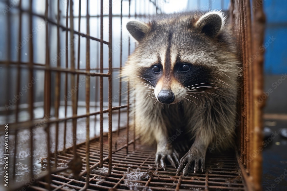 Raccoon locked in cage. Skinny lonely Raccoon in cramped jail behind ...