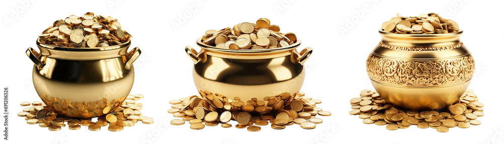 Set of golden coins in gold pot on transparent background. Generative ...