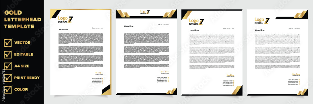 gold letterhead template for business company stationery design with A4 ...