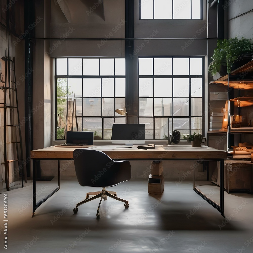 An industrial-chic workspace with concrete floors, exposed pipes, and ...