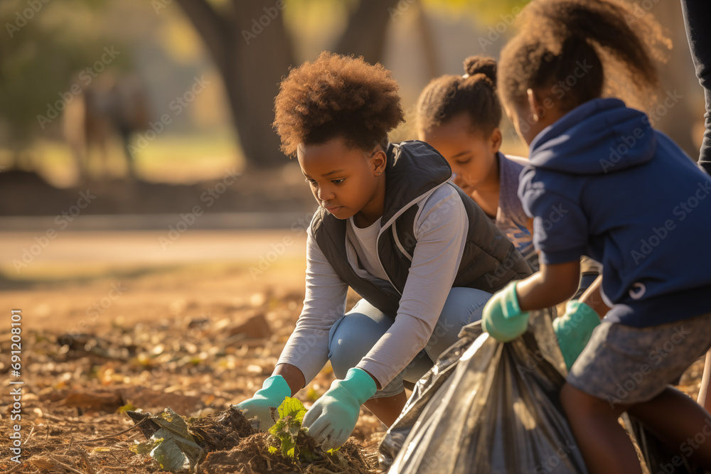 Children helping in community clean-ups, leaving space for messages on ...