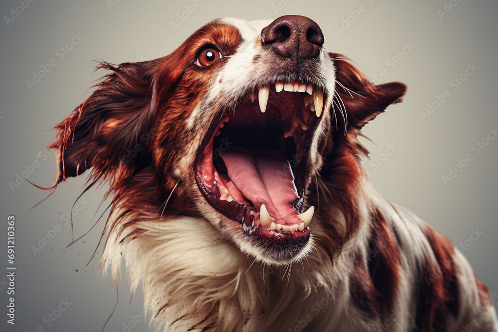 cachorro feliz com a boca aberta rindo em um fundo branco Stock ...