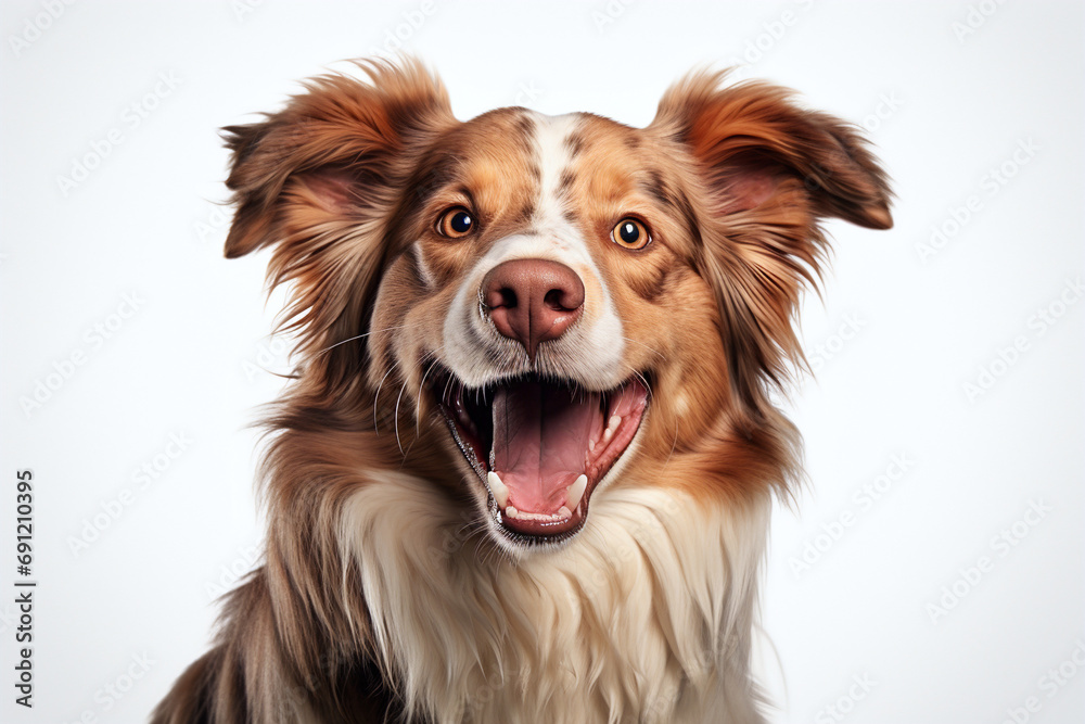 cachorro feliz com a boca aberta rindo em um fundo branco Stock ...