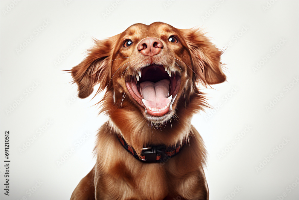cachorro feliz com a boca aberta rindo em um fundo branco Stock ...