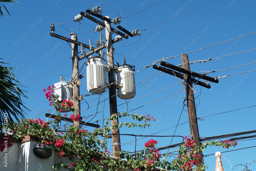 Column or post as a utility pole with a single-phase distribution ...