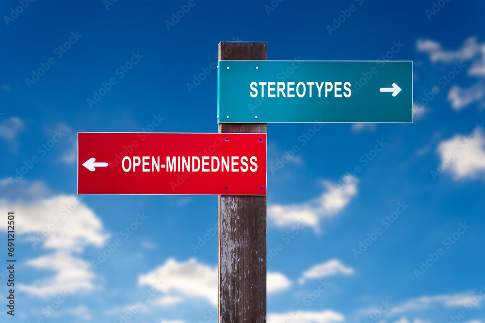 Stereotypes versus Open-mindedness - Road sign with two options. Stock ...