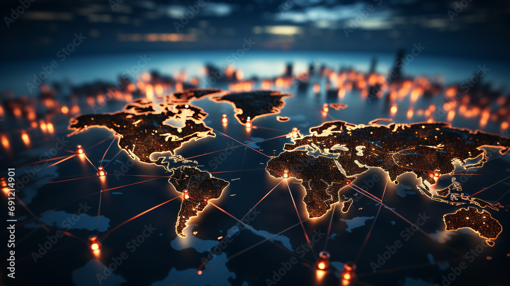 Digital Illustration Of A World Map Interconnected With Digital Lines And Nodes Symbolizing
