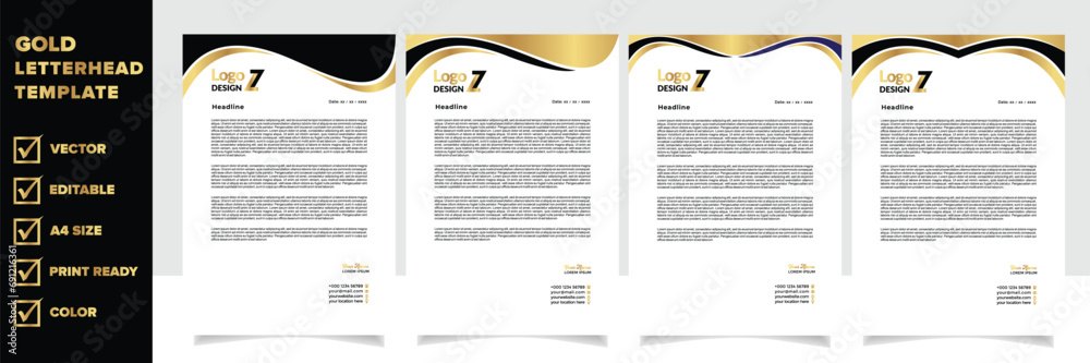 gold letterhead template for business company stationery design with A4 ...