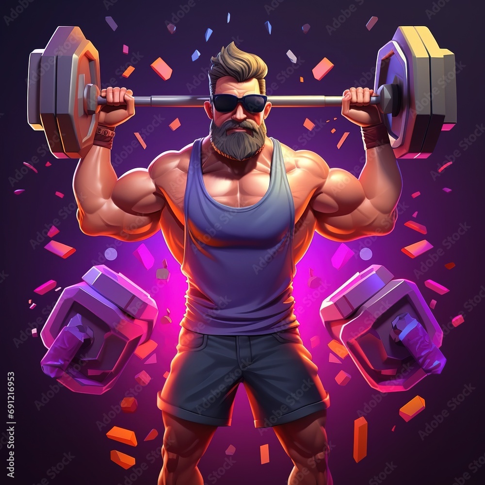 3D vector drawing of a gaming avatar for coaching gym. Tough guy ...