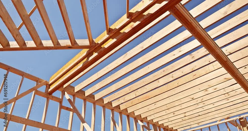 Roof rafters joist trusses of new residential wooden home Stock Video ...