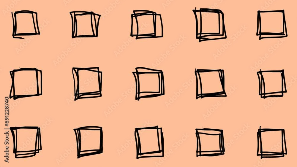 4K horizontal looping animated video. Handdrawn thin line square ...