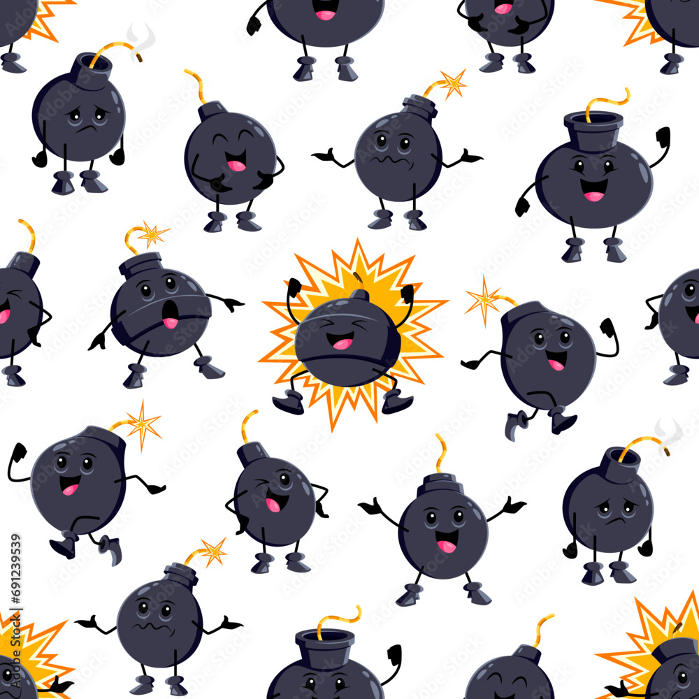 Cartoon bomb characters. Explosive weapon personages pattern of funny ...