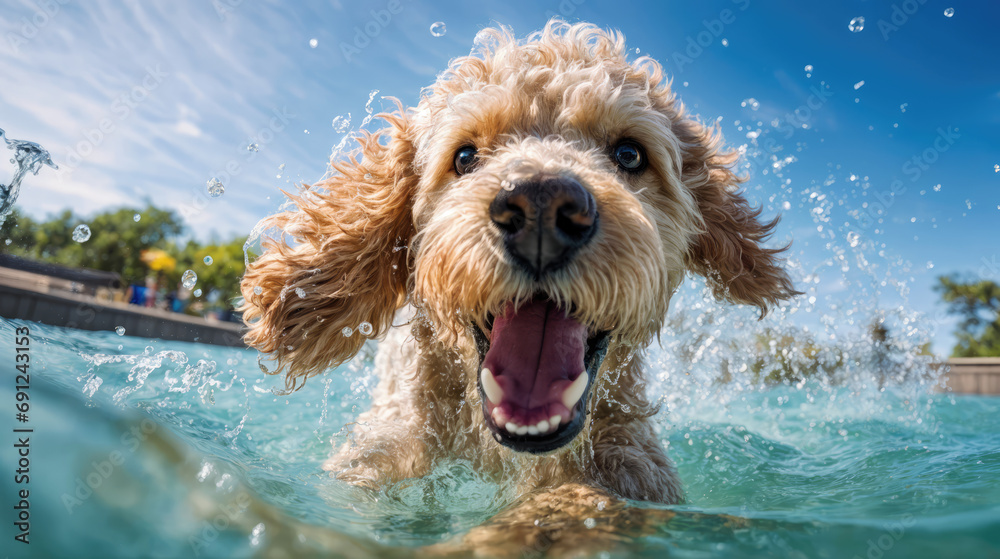 Excited Poodle Dog in pool swimming and playing in the water Stock ...