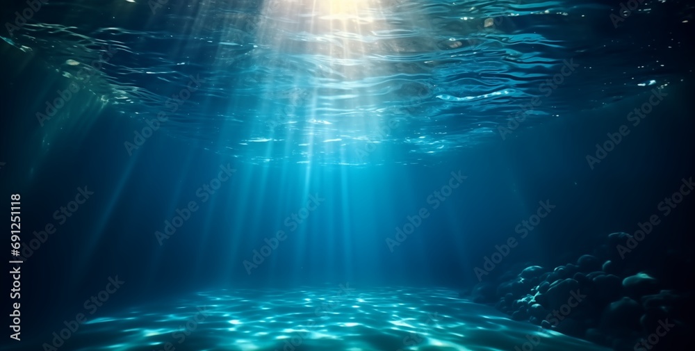 Image of an underwater scene in a deep blue and beautiful sun ray under ...