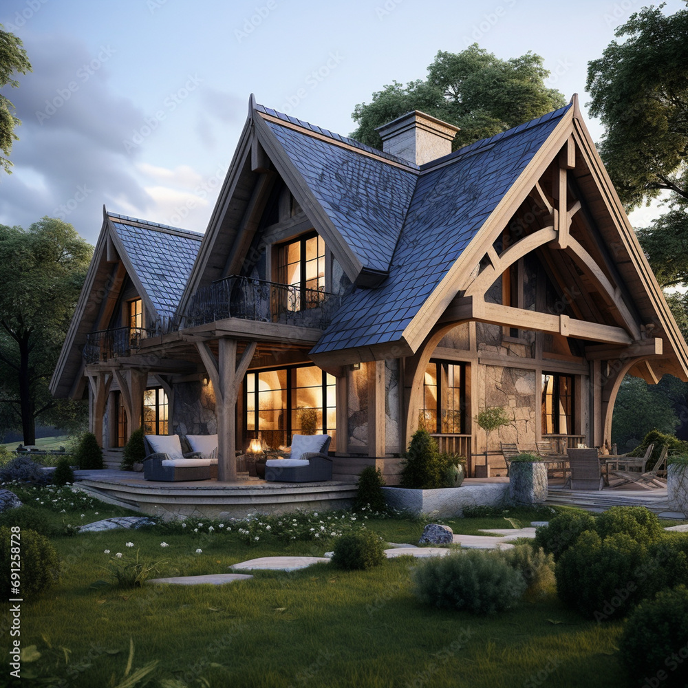 Tiny one floor timber frame house with double front doors and terrace ...