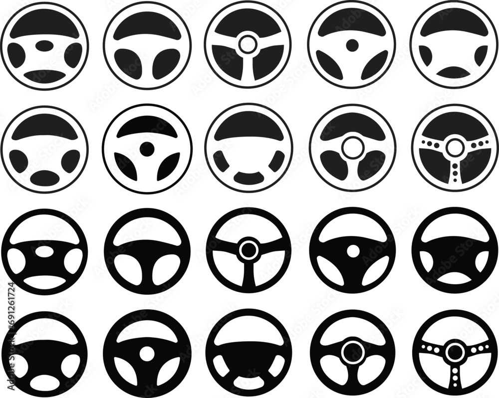 Steering wheel icons Set. Car, auto vectors icons. Automobile, machine ...