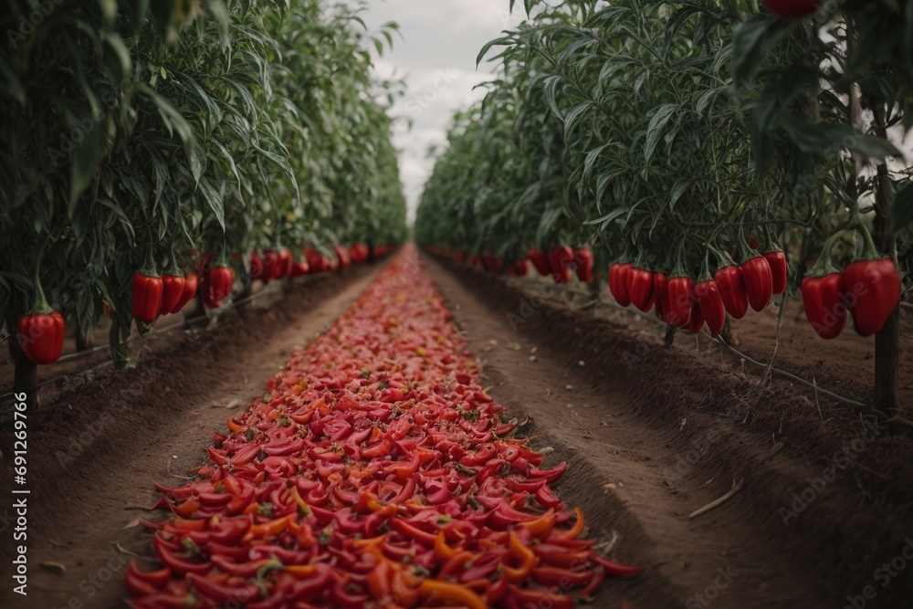Red Chili Pepper Plantation Field. Red Pepper Grows on the Branches ...