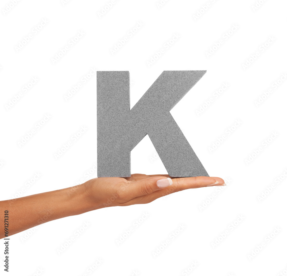 Hand of woman, capital letter K and presentation of consonant isolated ...