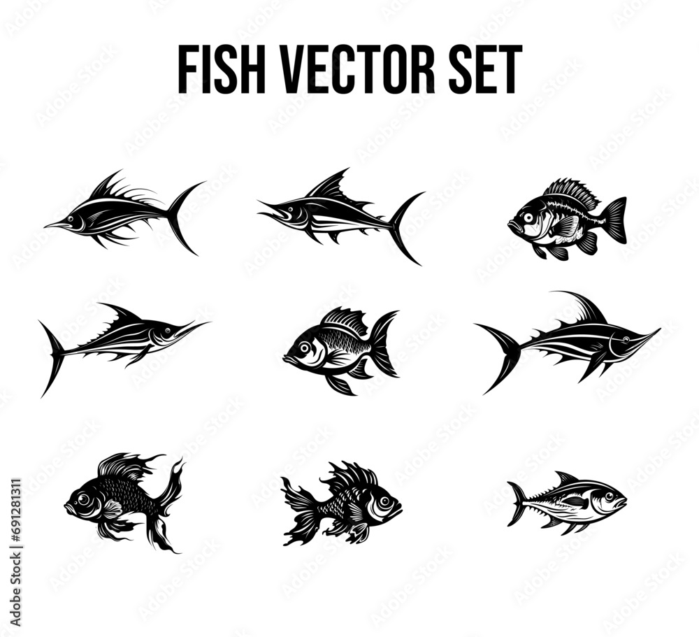 "Impressive Collection of 9 Fish Pictograms, Each Vector Meticulously ...