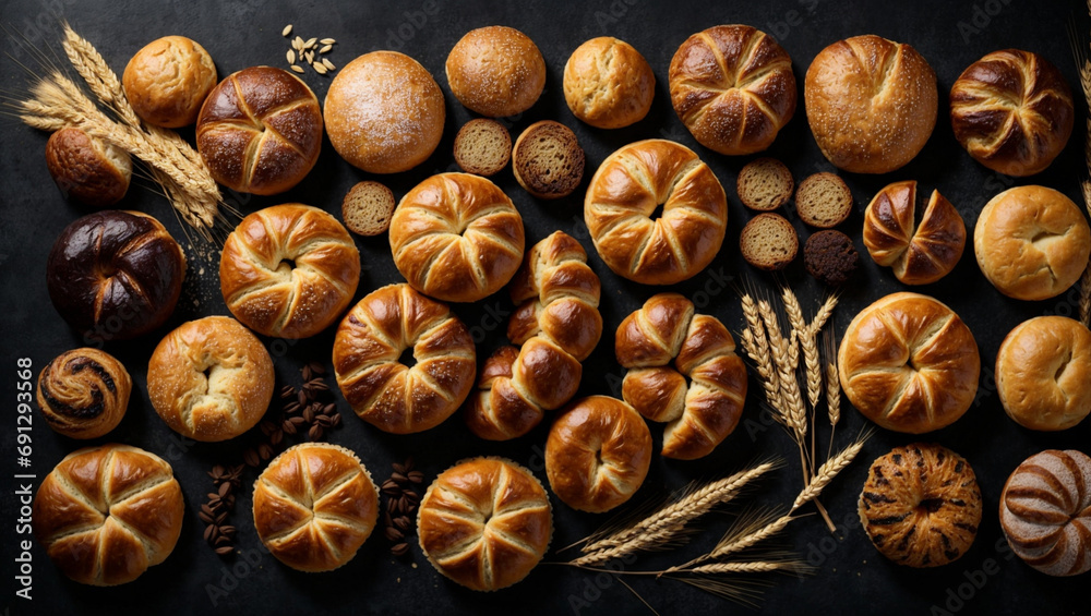 Breads buns, pastries and wheat ears on dark black background ...