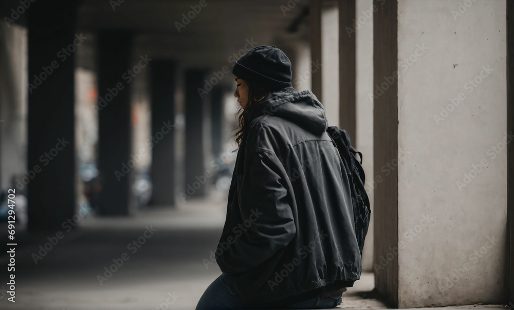 Problems of big modern cities. Homeless man sitting on the street in ...