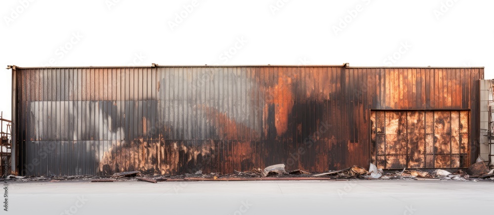 Damaged sandwich panel facade of a warehouse due to fire, with burnt ...