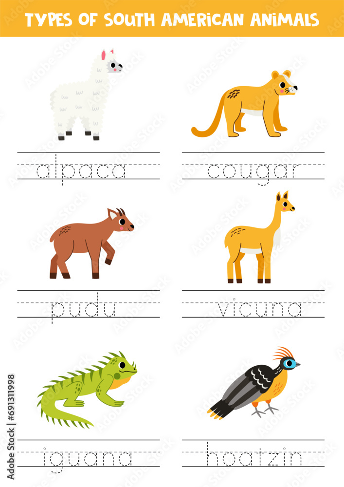 Tracing names of South American animal types. Writing practice. Stock ...