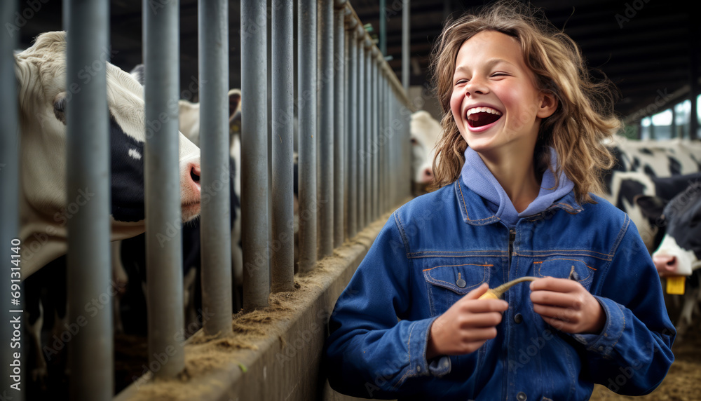 Lifestyle photo of a Dutch girl child farmer in hir stable feeding the ...