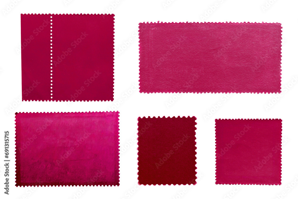 Set of red blank postage stamps isolated on white background. Texture ...